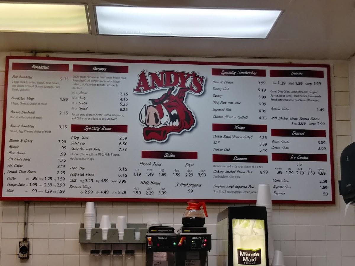 Menu at Andy's restaurant, Arkadelphia