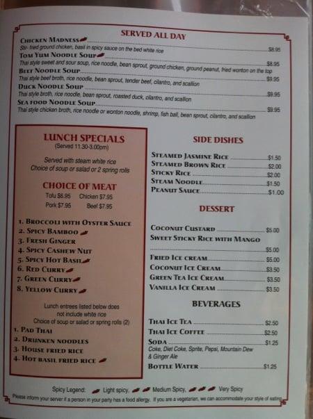 Menu at Bee's Thai Cuisine restaurant, Providence