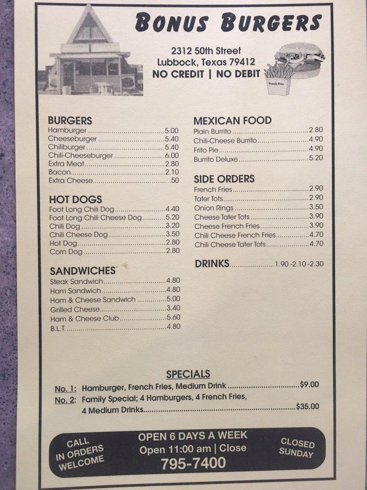 Menu at Bonus Burger restaurant, Lubbock