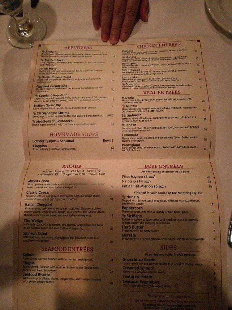 Menu at Charlie Gitto's On the Hill restaurant, St. Louis, Shaw Ave