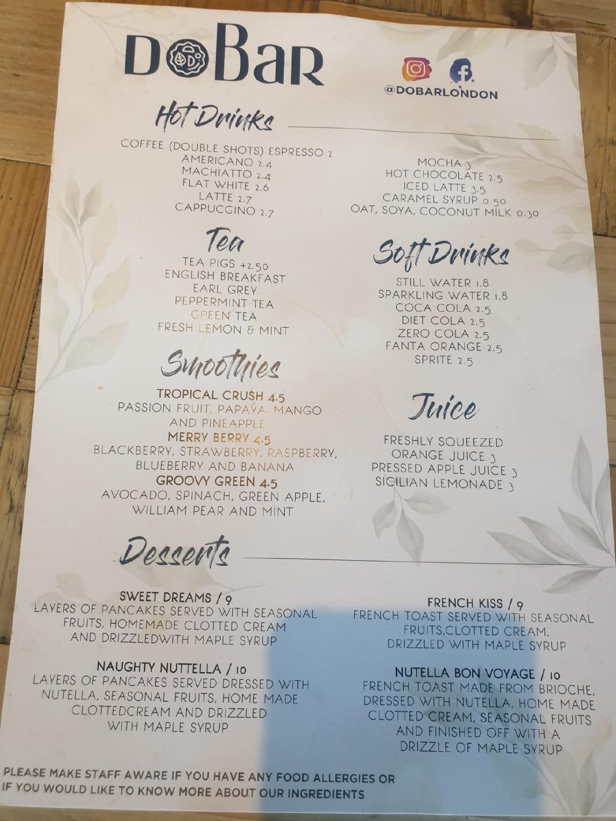 Menu at Dobar, London