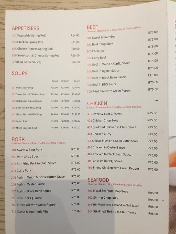 Menu at JC Chinese Restaurant, Bloemfontein