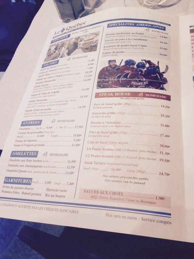 Menu au Le Québec restaurant, Nice