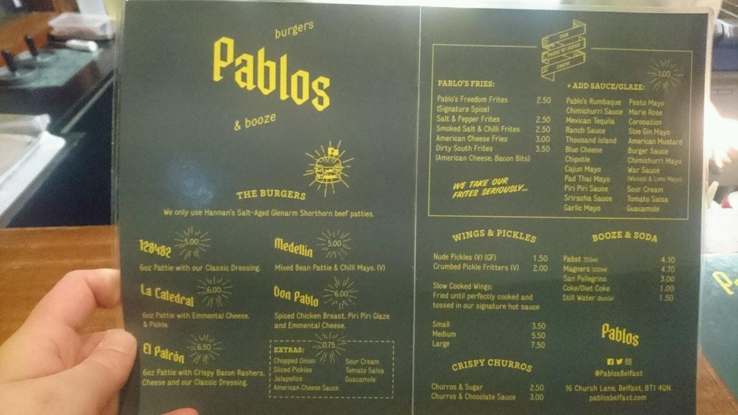 Menu at Pablos restaurant, Belfast