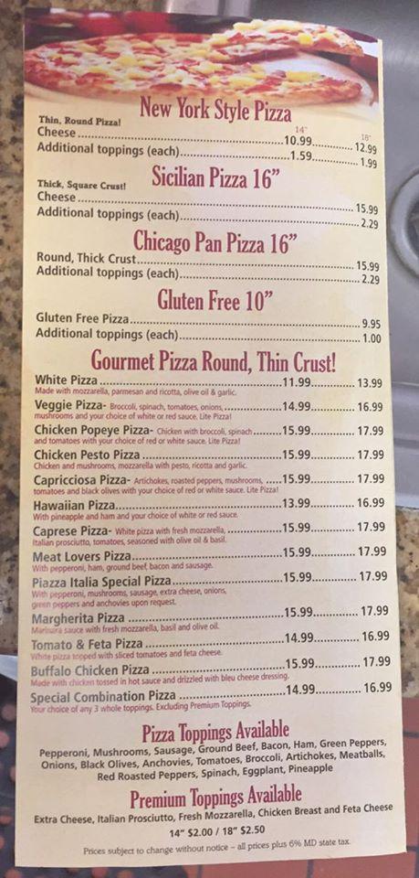 Menu at Piazza Italia (pizza) pizzeria, Glen Burnie