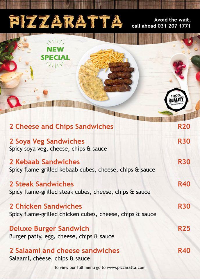 Menu at Pizzaratta (halaal) Pasta restaurant, Durban, 1 South Rd