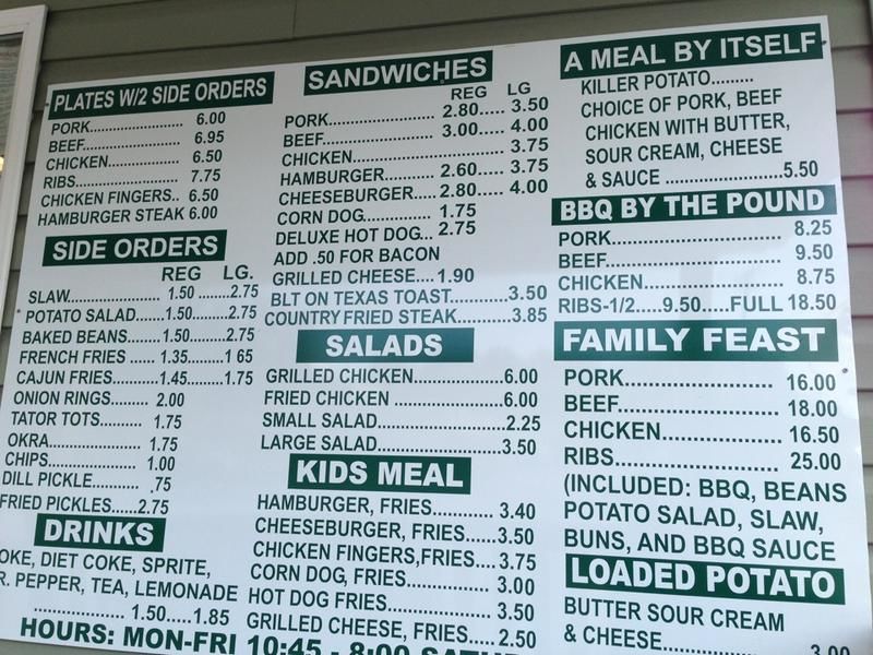 Menu at Spencer B's BBQ, Ringgold, US Hwy 41