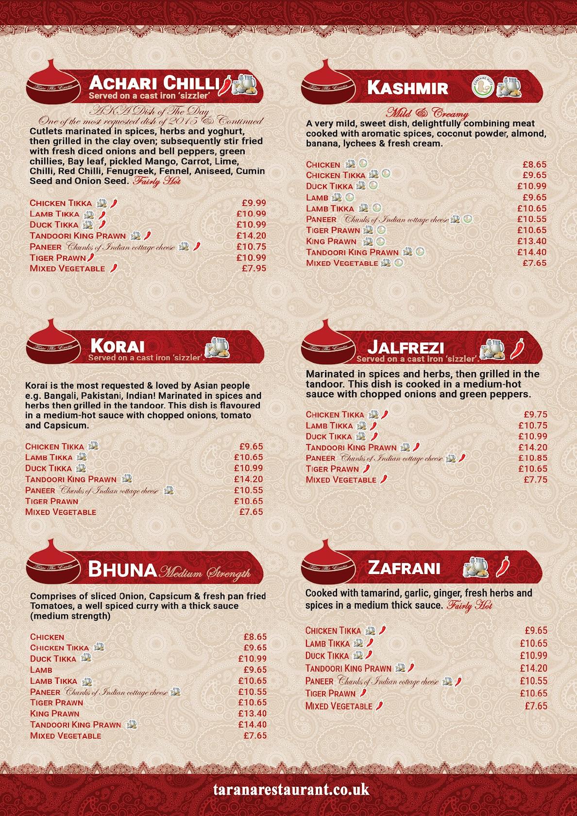 Menu at Tarana Lingfield restaurant, Lingfield