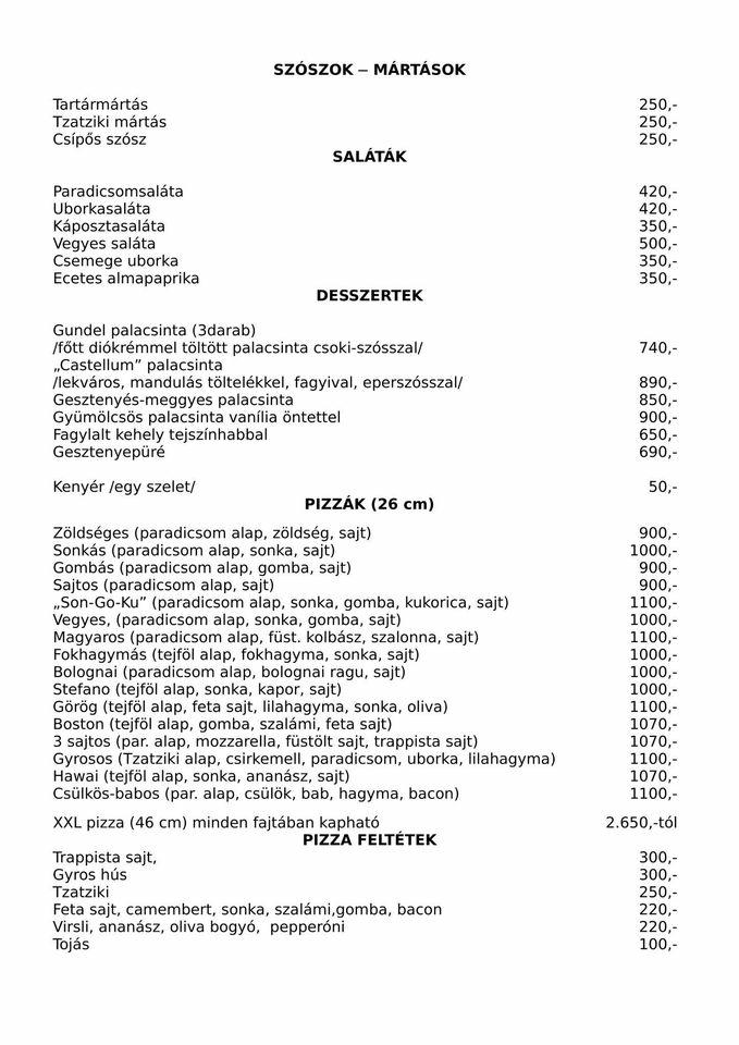 Menu at Castellum Restaurant Pension, Szegvár