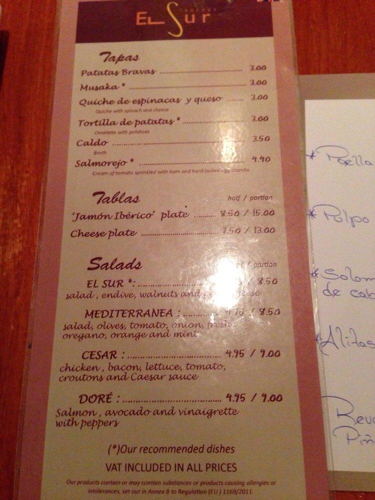 Carta del pub y bar Taberna El Sur, Madrid