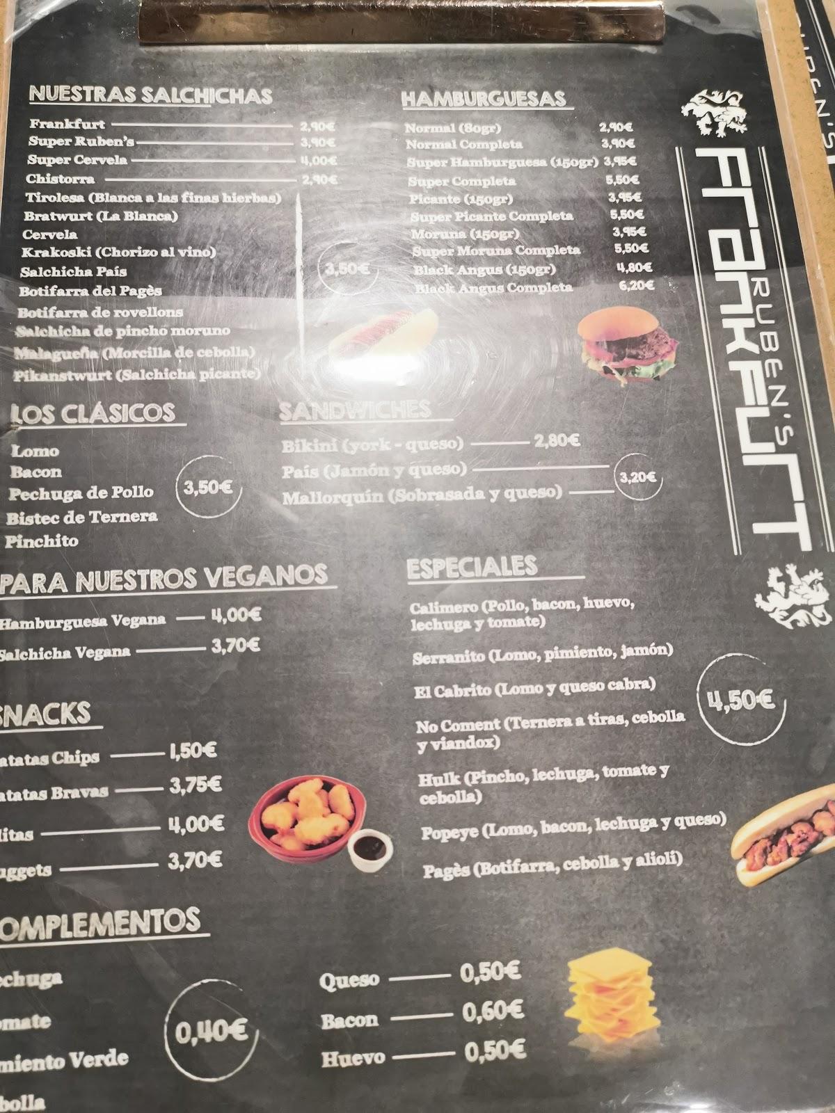 Menu at Frankfurt Ruben's restaurant, El Prat de Llobregat