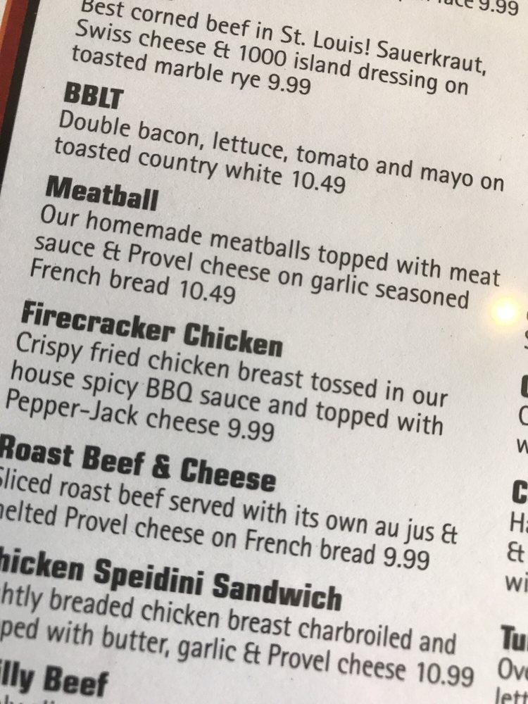 Menu at Joey B's on the Hill restaurant, St. Louis