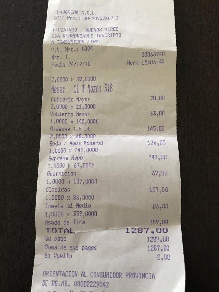 Carta de Parrilla La Casa de Coco, Ituzaingó