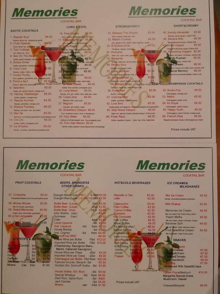 Menu at Memories Cocktail Bar, Paphos