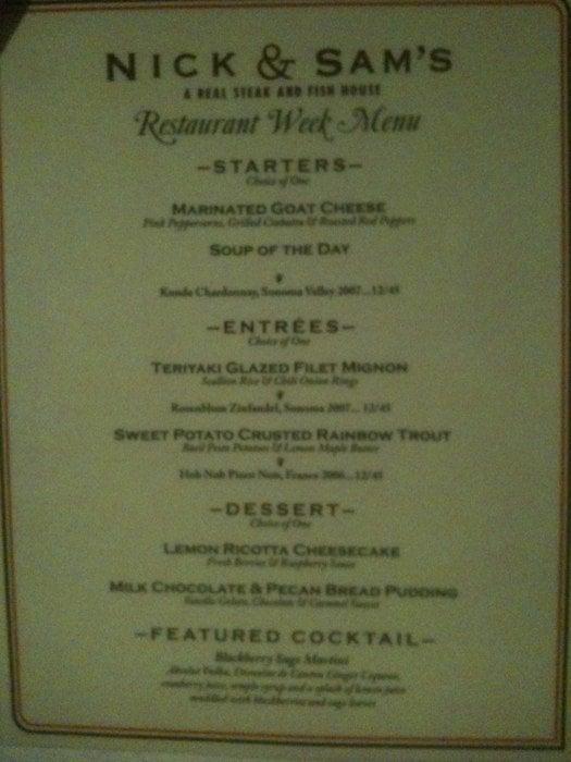 Menu at Nick & Sam's steakhouse, Dallas, Maple Ave