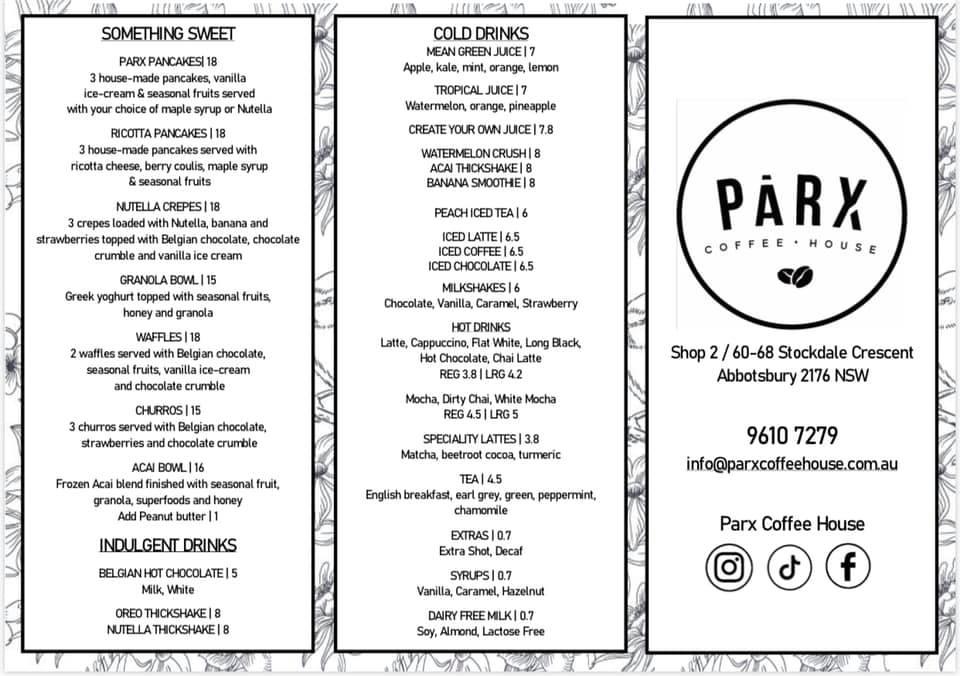 Menu at Parx Coffee House Abbotsbury, Abbotsbury