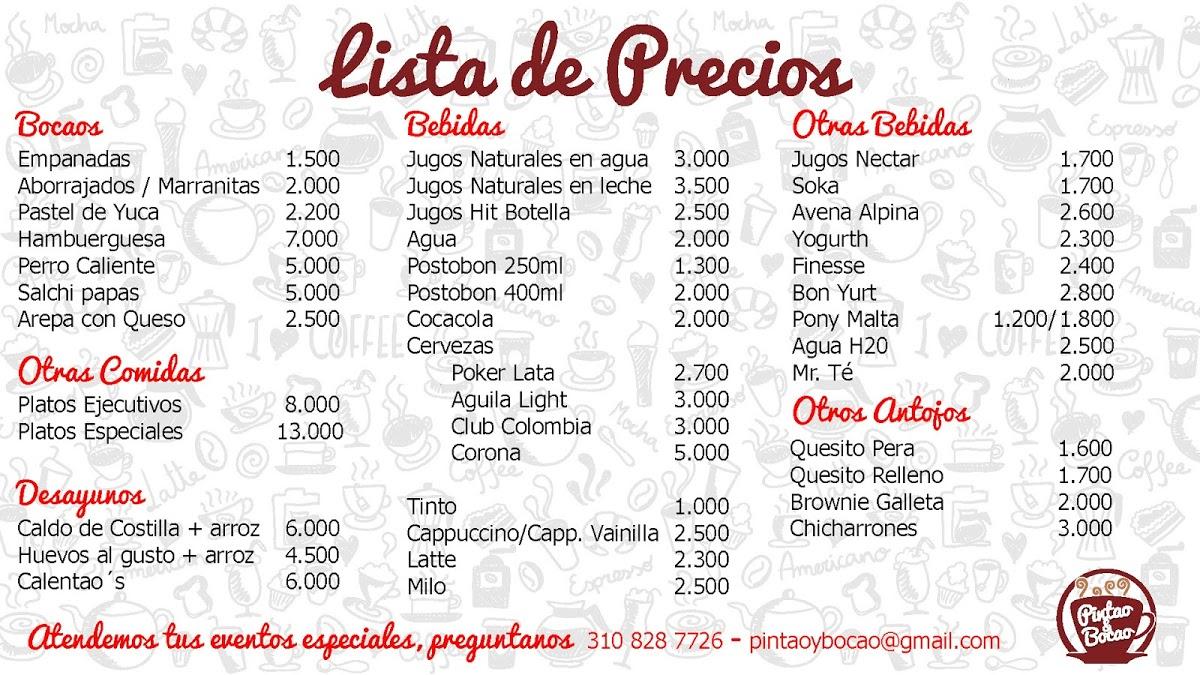 Menu at Pintao & Bocao Café, Bogotá
