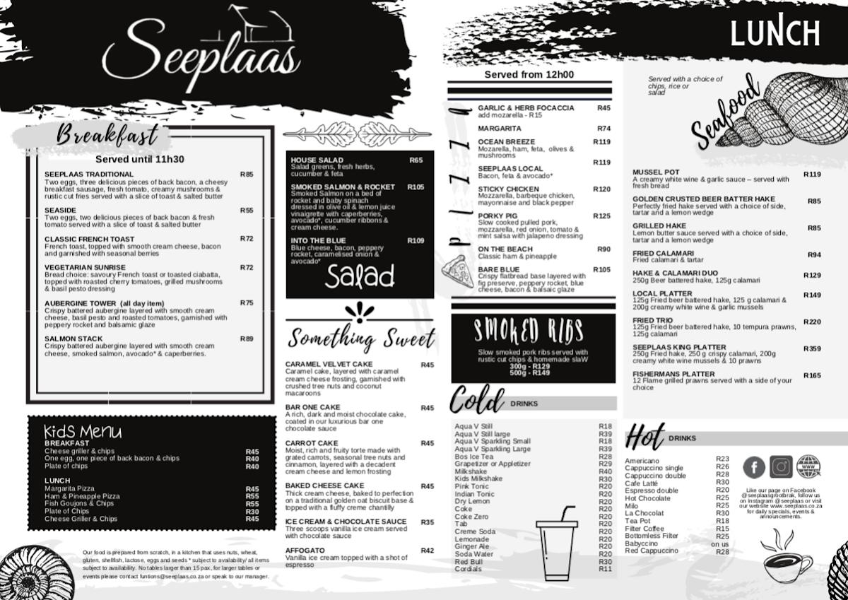 Menu at Seeplaas restaurant, Groot Brakrivier, Plot 60 Ottosrust
