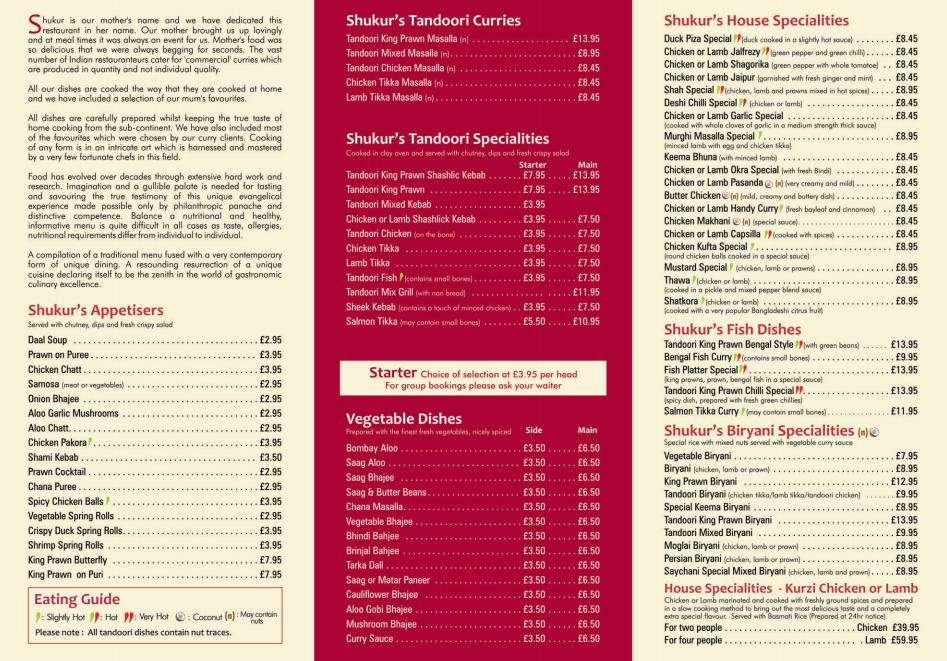 Menu at Shukurs Brasserie restaurant, Kineton