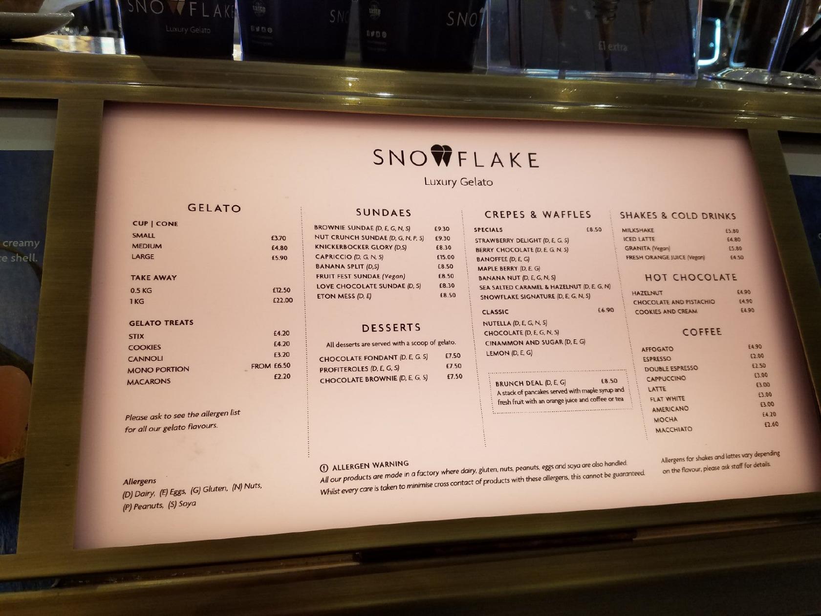 Menu at Snowflake Luxury Gelato, London, Westfield London Shopping ...