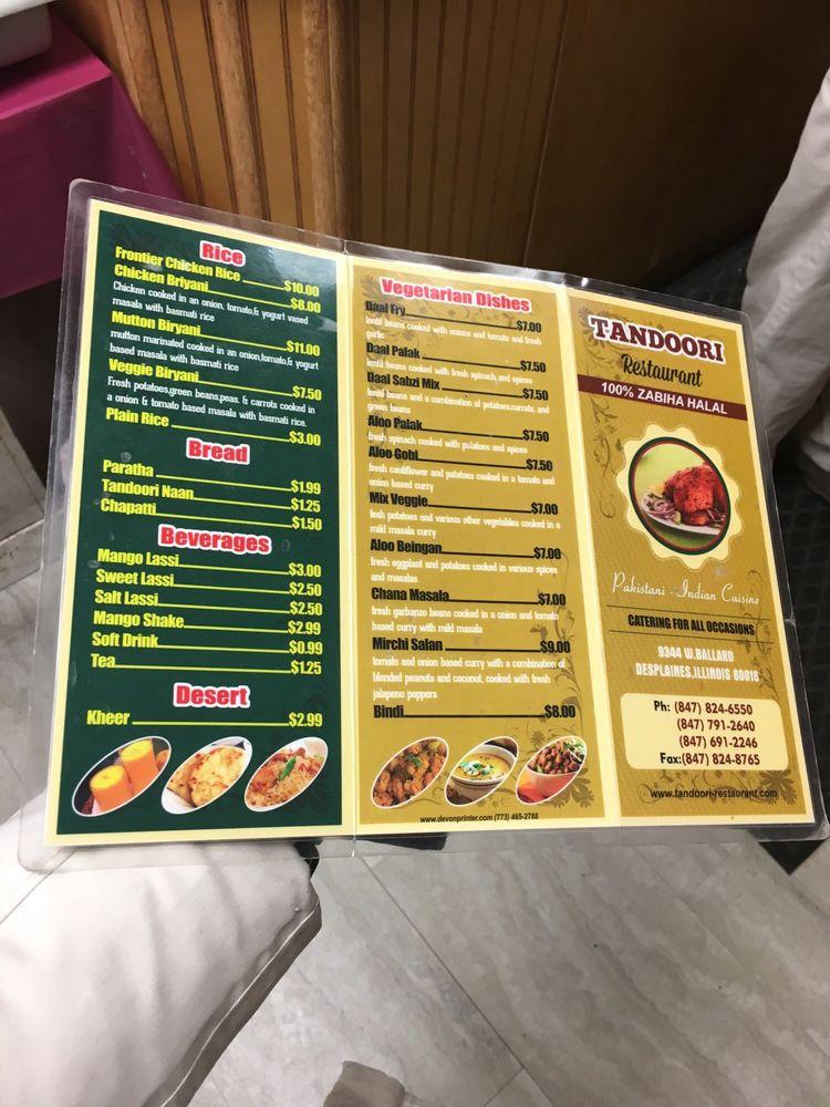 Menu at Tandoori Restaurant, Des Plaines