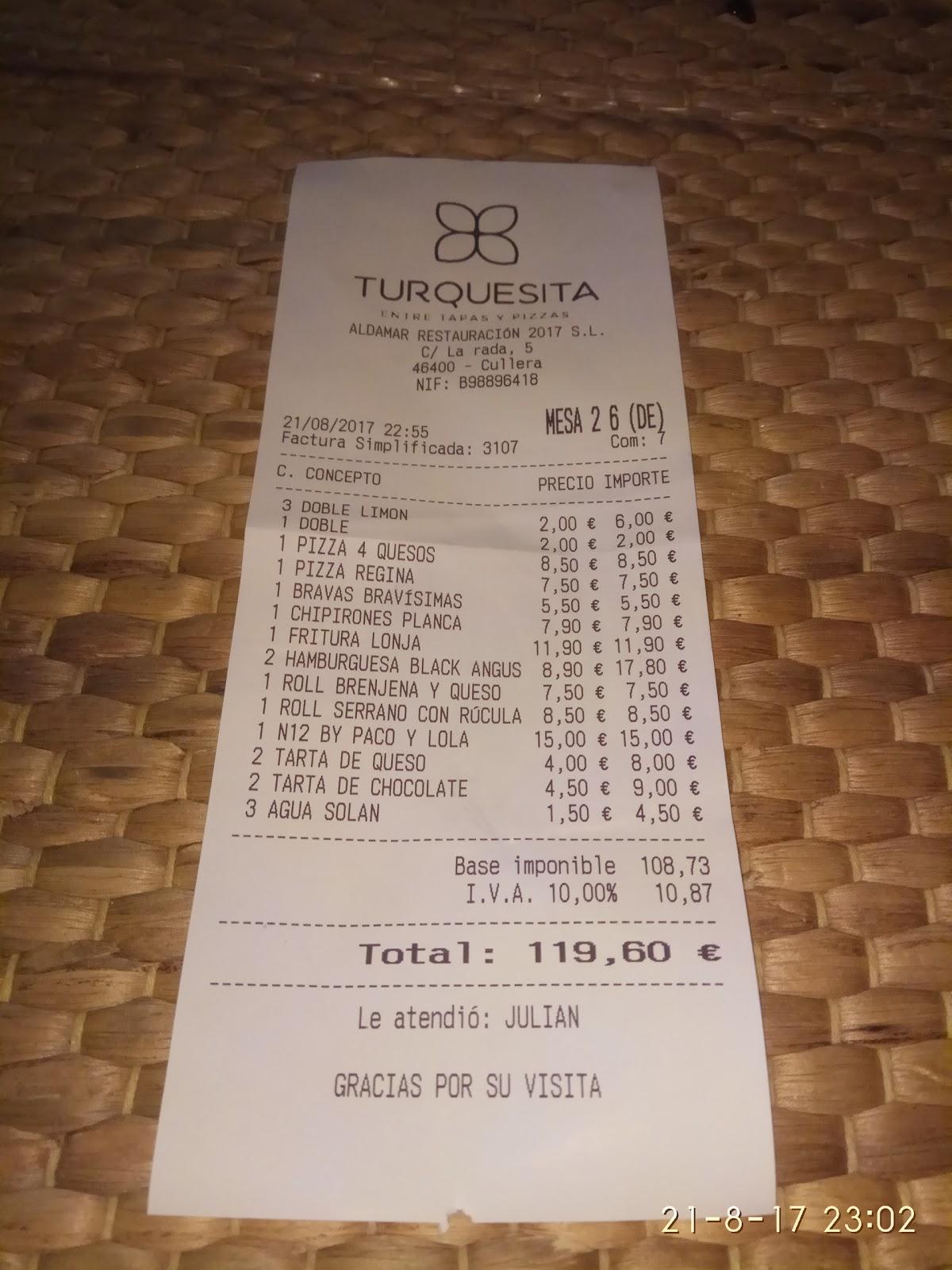 Carta de Restaurante La Turquesita, Cullera