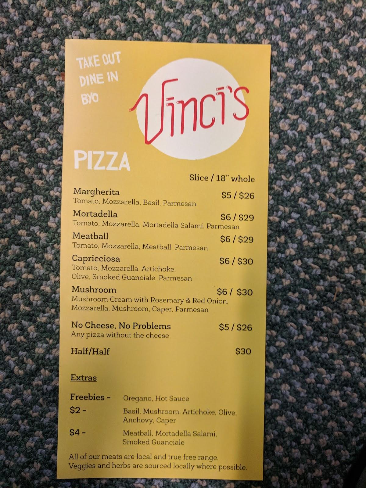 Menu at Vinci's Pizza restaurant, Napier
