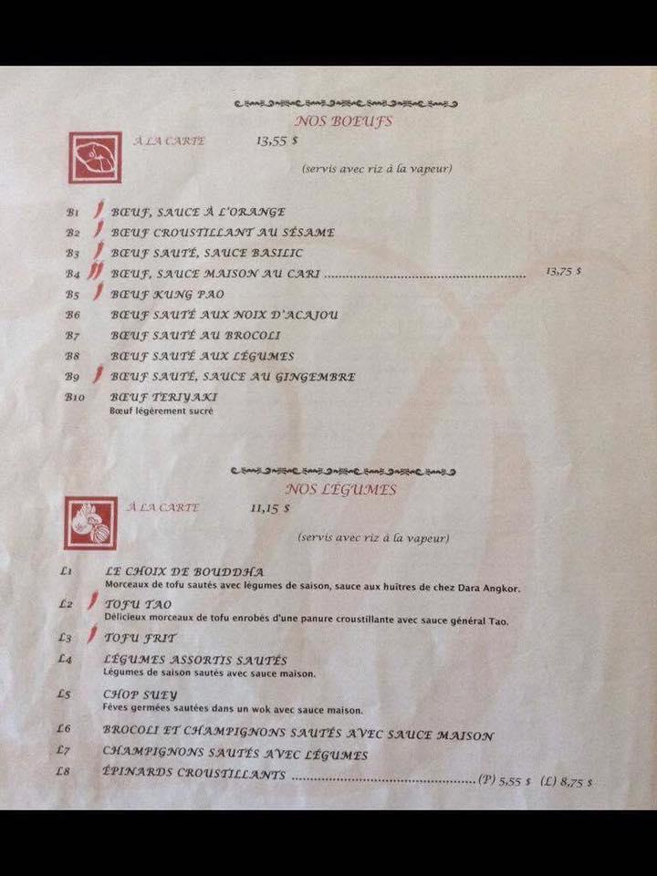 Menu au Dara Angkor restaurant, Repentigny