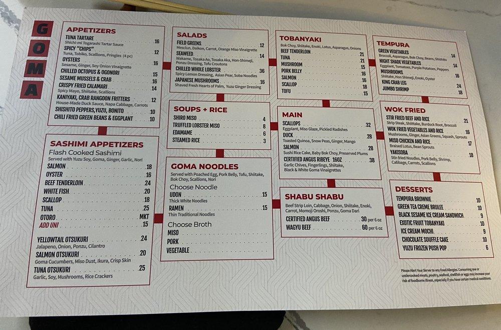Menu at Goma restaurant, Cleveland