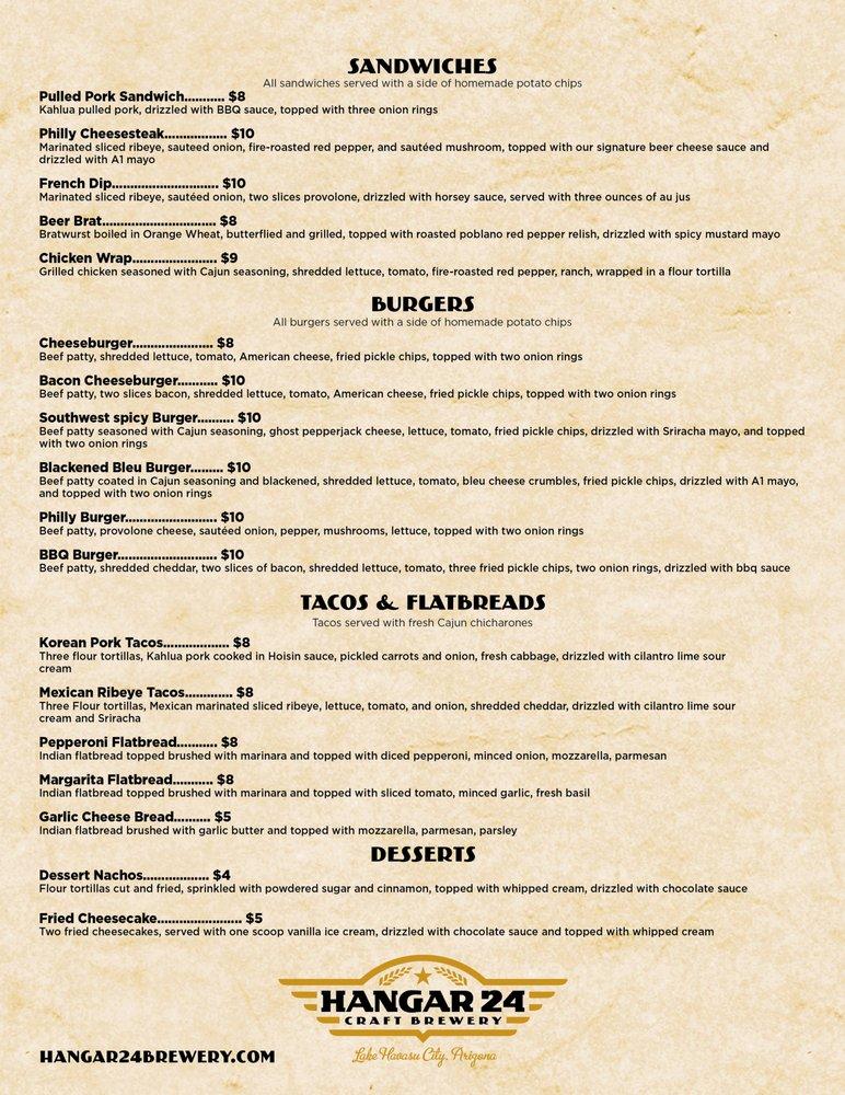 Menu at Hangar 24 Lake Havasu pub & bar, Lake Havasu City