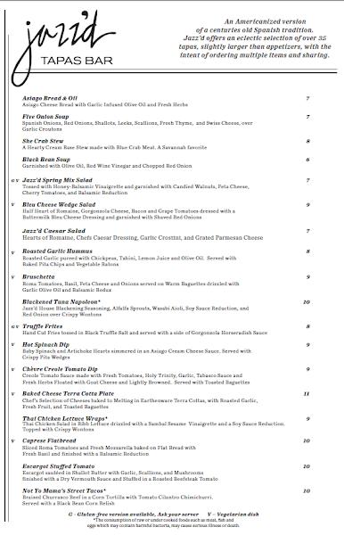 Menu at Jazz'd Tapas Bar, Savannah