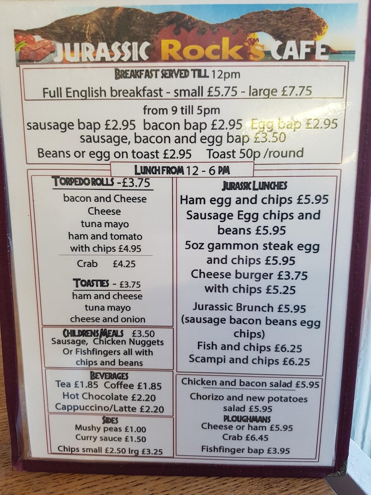 Menu at Jurassic Rocks Cafe, Weymouth