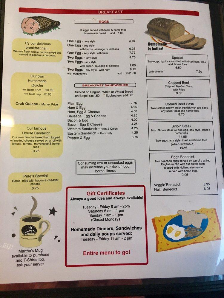 Menu at Martha's Diner restaurant, Ellsworth