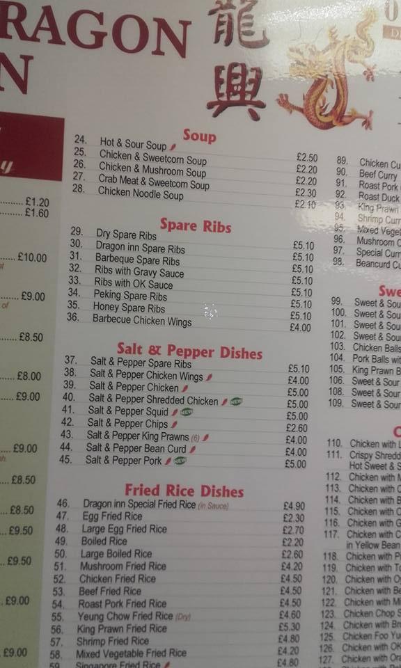 Menu at New Dragon Inn restaurant, Chesterfield