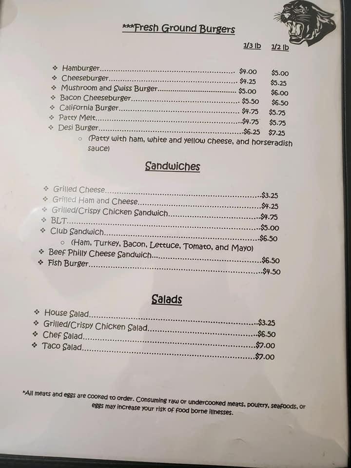 Menu at Panther Cafe, Gilmanton
