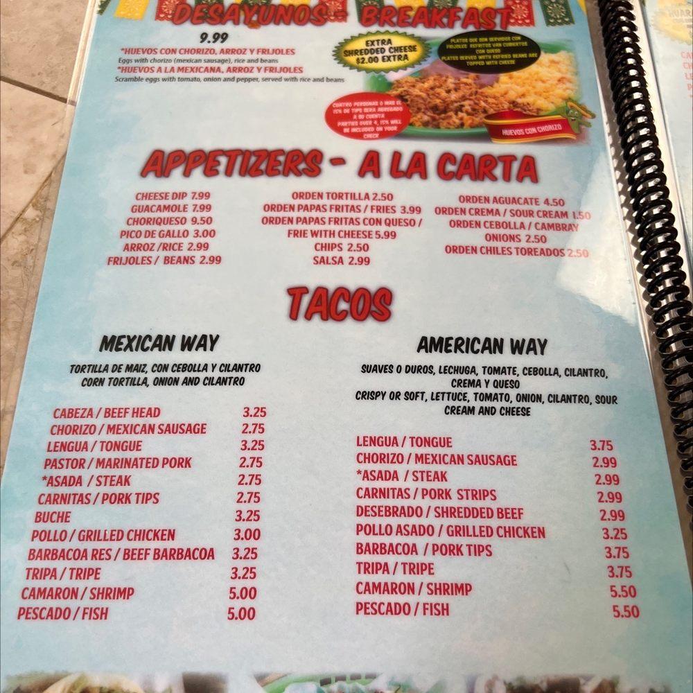 Menu at Rio Grande Taqueria restaurant, LaGrange