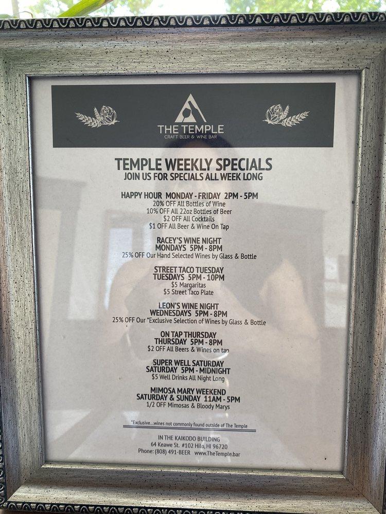Menu at The Temple Bar, Hilo