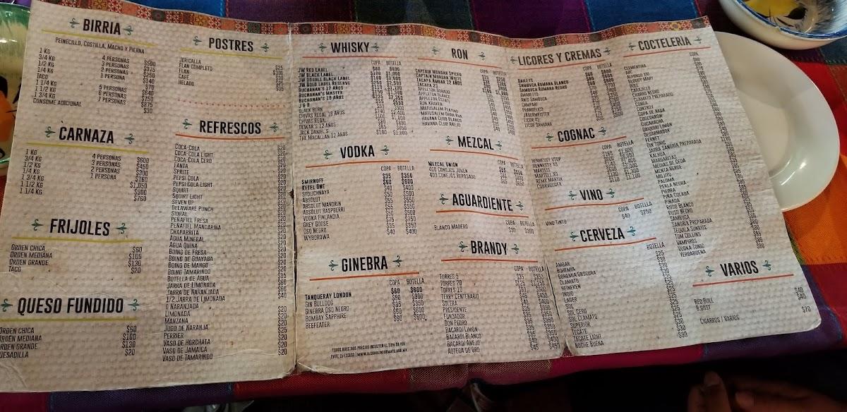 Menu at Birrierías Chololo restaurant, El Capulín