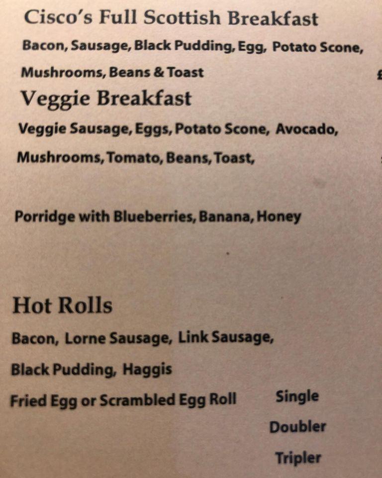 Menu at Cisco's Cafe, Stirling