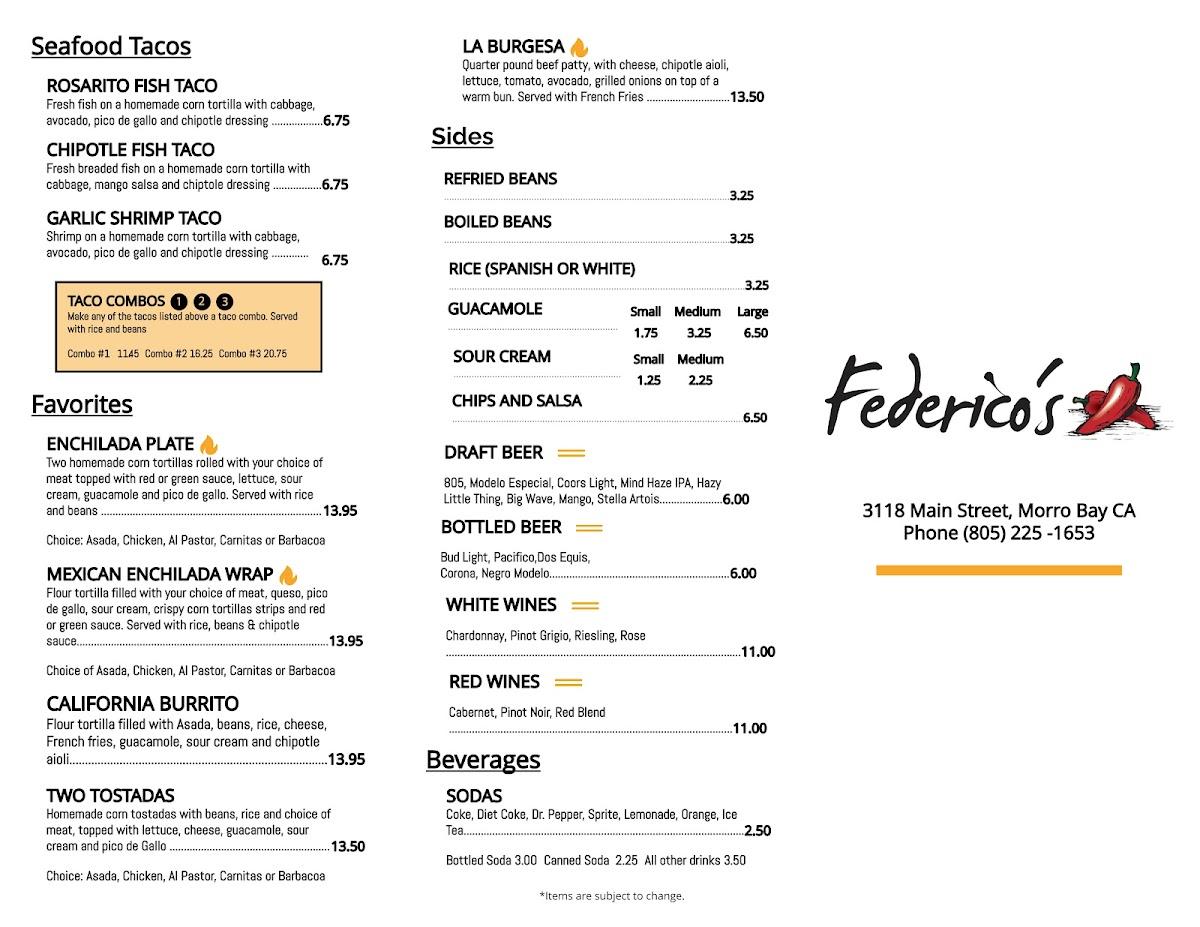 Menu at Federico's restaurant, Morro Bay