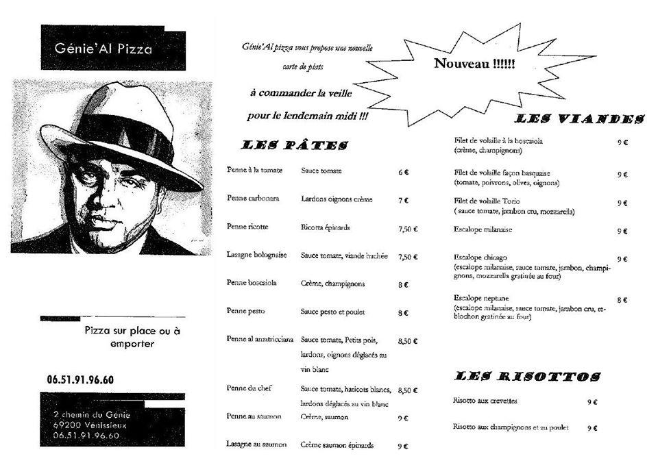 Menu at Genie AL'Pizza pizzeria, Vénissieux