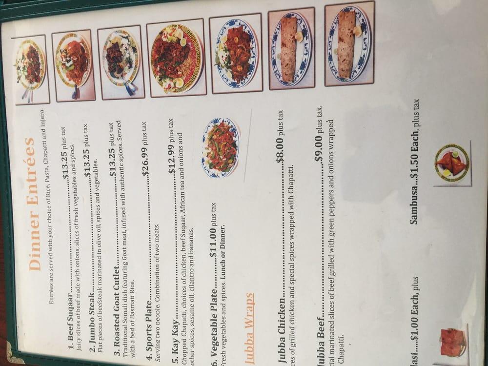 Menu at Jubba Somali Restaurant, San Jose