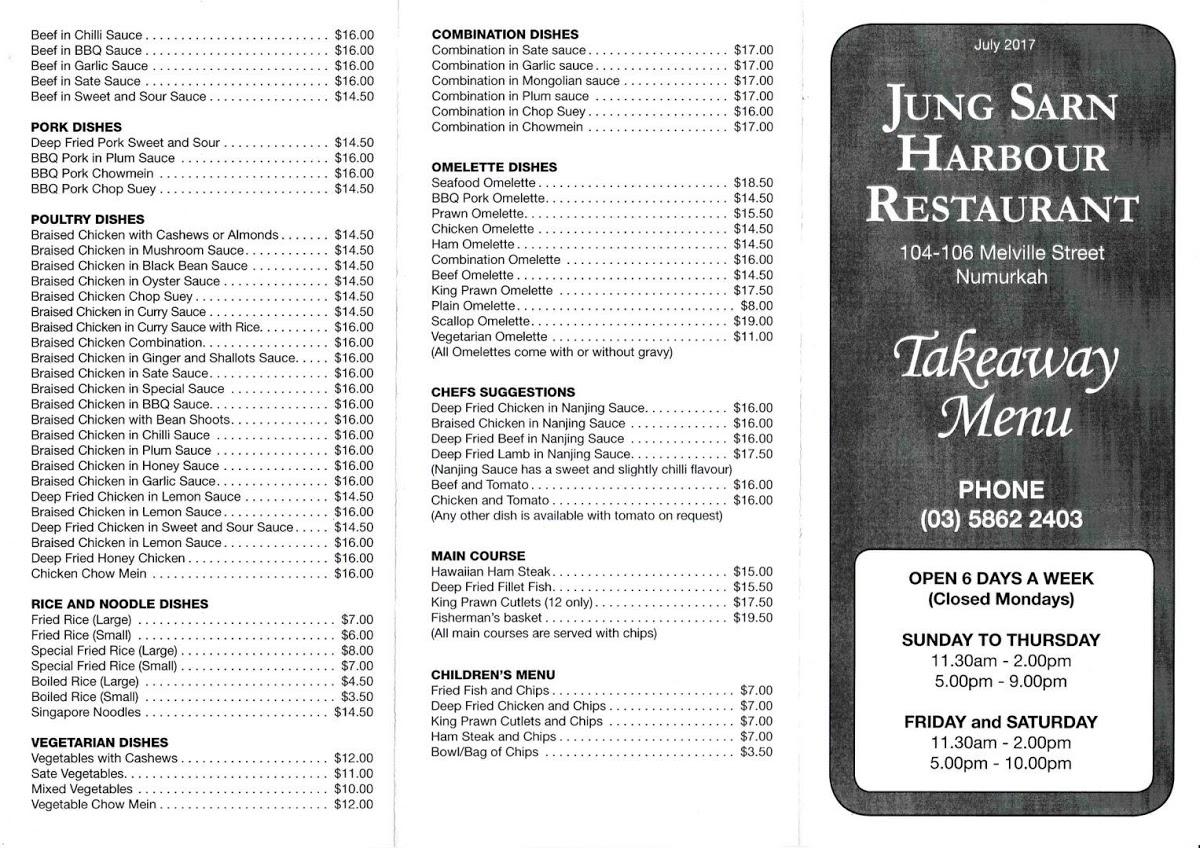 Menu at Jung Sarn Harbour restaurant, Numurkah