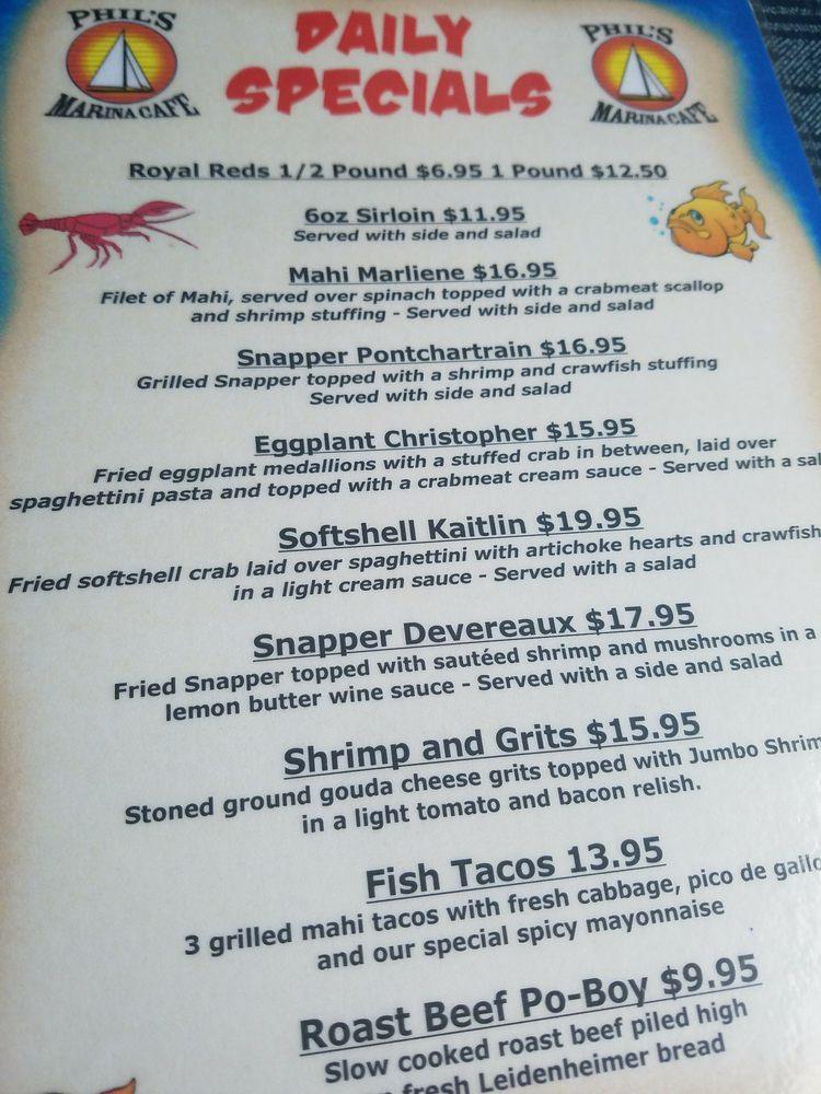 Menu at Phil's Marina Cafe, Slidell