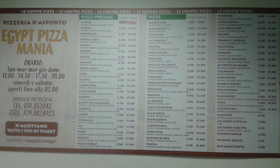 Menu at Pizzeria egypt pizza mania, Lecco
