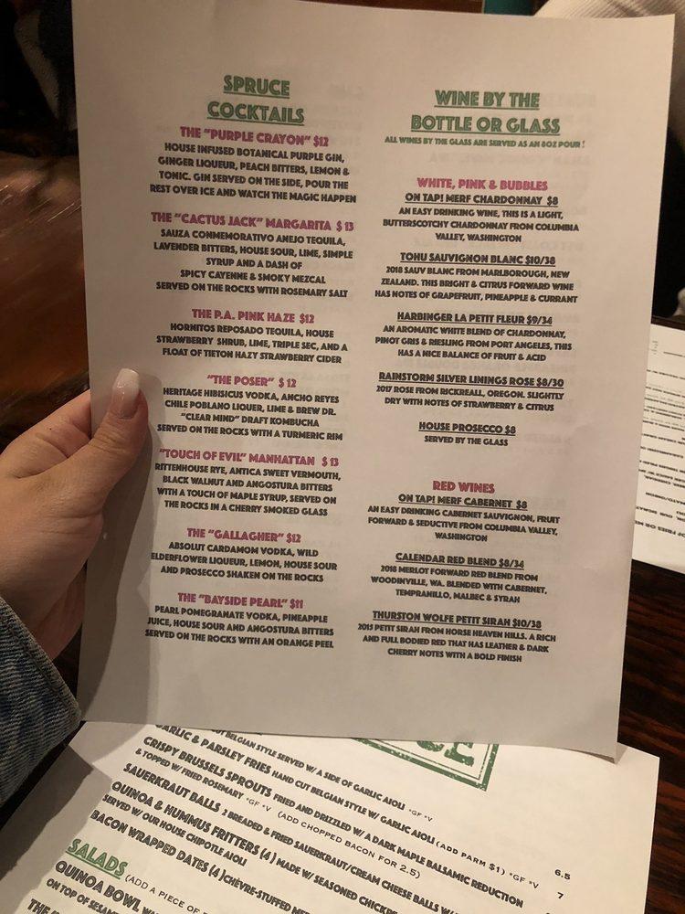 Menu at Spruce pub & bar, Port Angeles