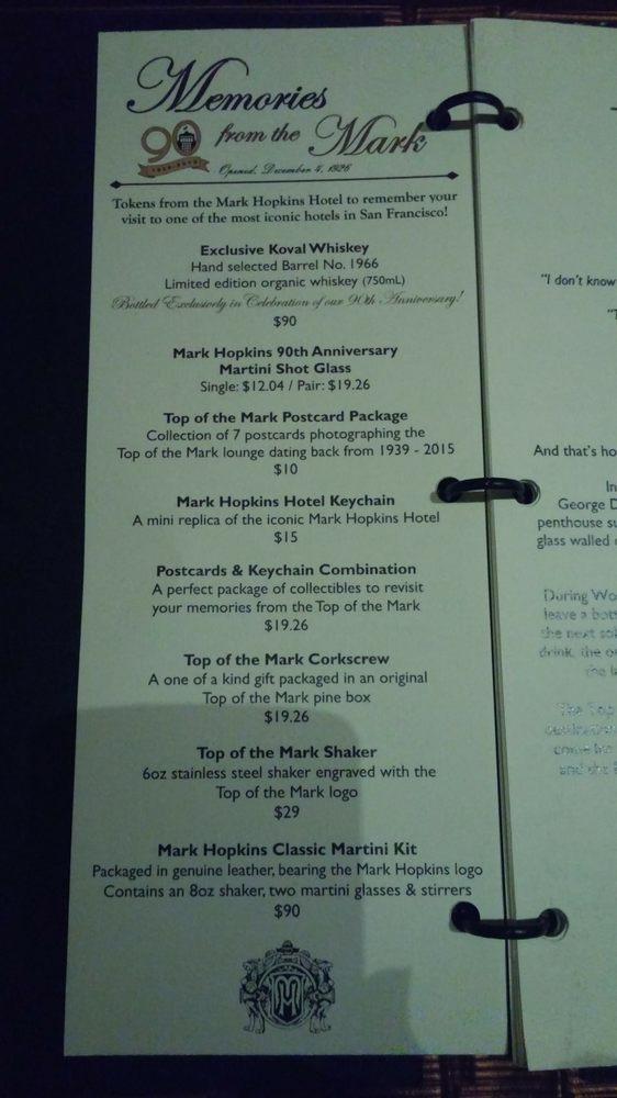 Menu at Top of the Mark pub & bar, San Francisco, 999 California St