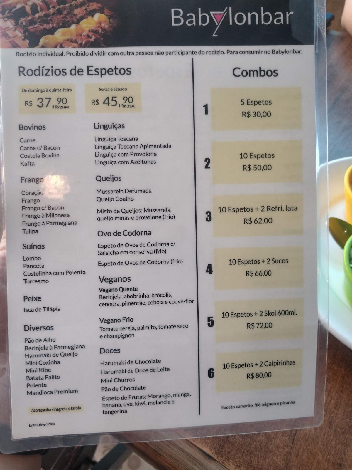 Menu em Babylon Bar, São Bernardo do Campo
