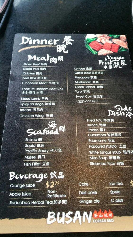 Menu at Busan BBQ Restaurant, Waterloo