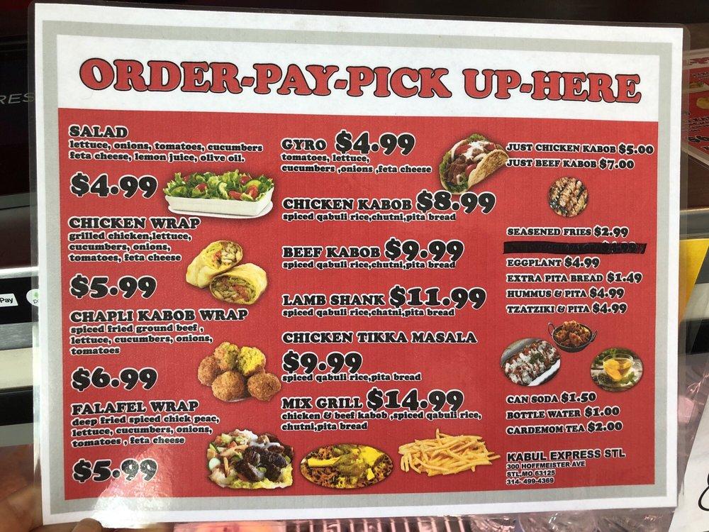Menu at Kabul Express STL restaurant, Lemay